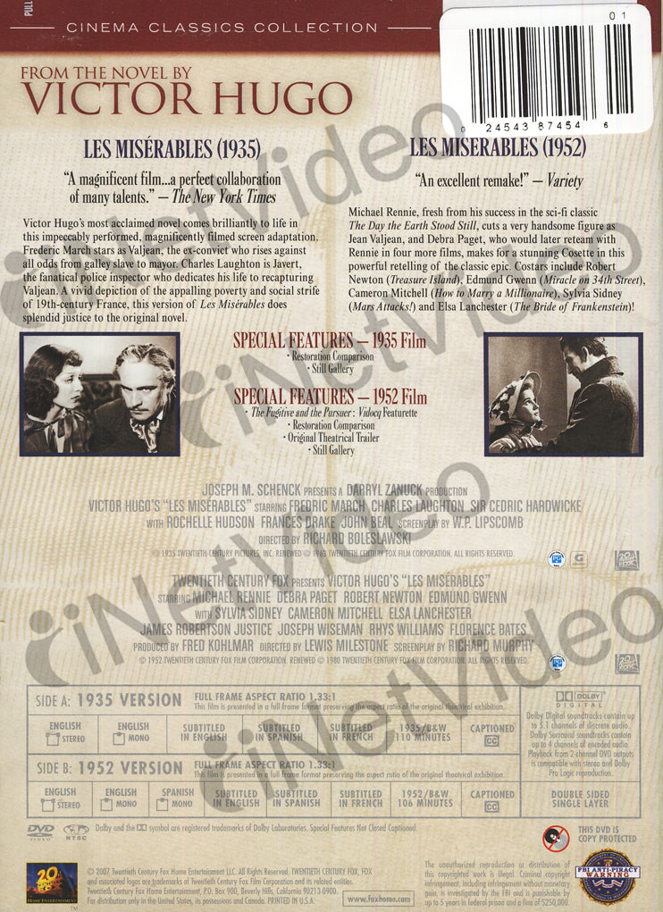 Les Miserables (Cinema Classics Collection) (1935 & 1952) on DVD Movie