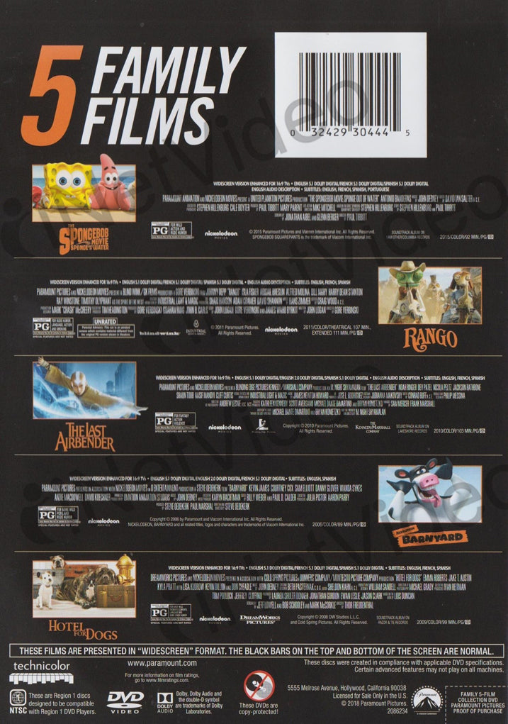 5 Family Films (The Spongebob / Rango / The Last Airbender / Barnyard ...
